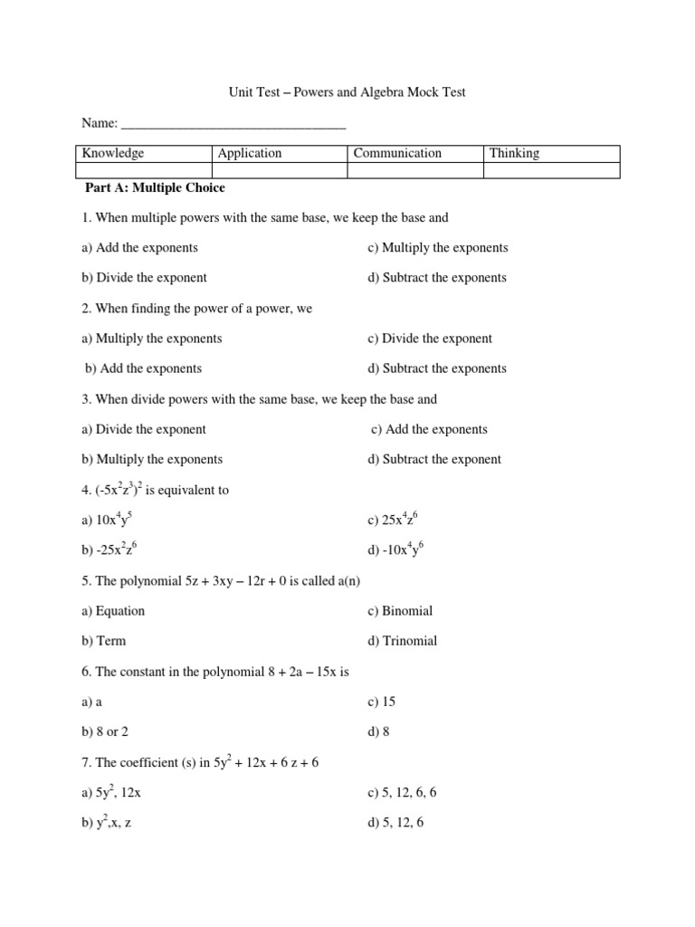 Unit Test Grade 9 Mock Powers | PDF | Exponentiation | Polynomial