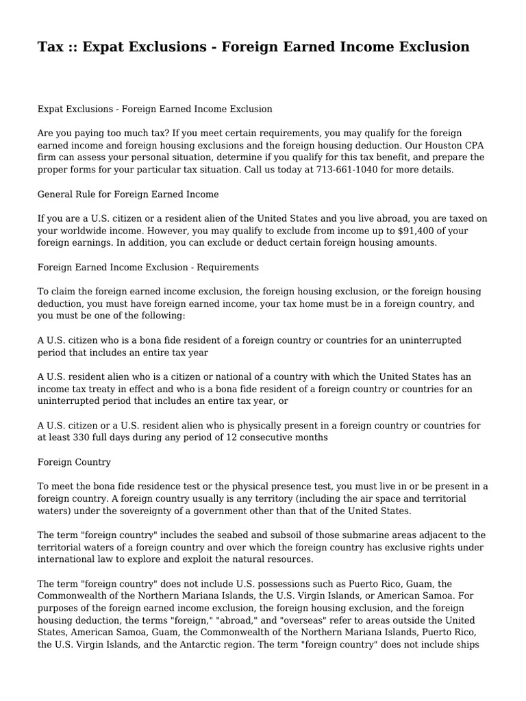 Tax :: Expat Exclusions - Foreign Earned Income Exclusion | PDF