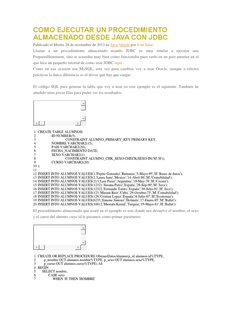 Como Ejecutar Un Procedimiento Almacenado Desde Java Con JDBC | PDF ...