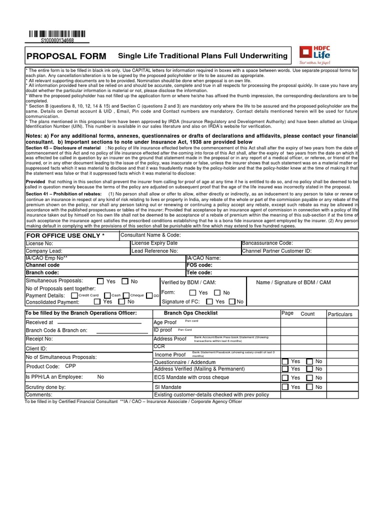 Proposal Form: Single Life Traditional Plans Full Underwriting | PDF ...