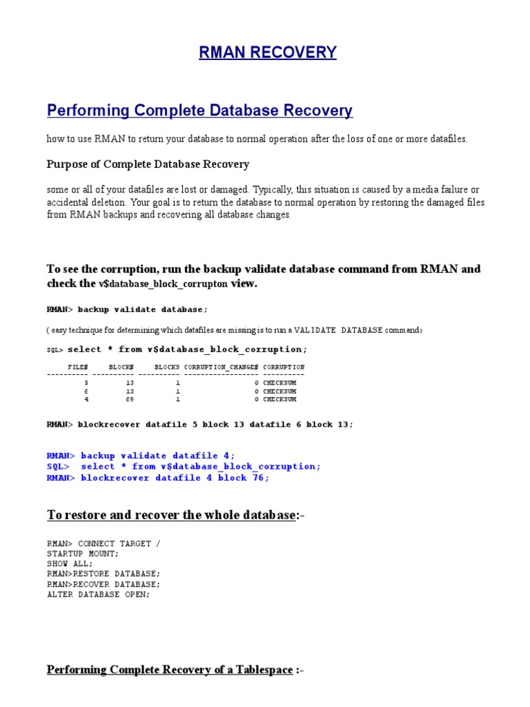 Rman Recovery: Purpose of Complete Database Recovery | Download Free PDF | Backup | Databases