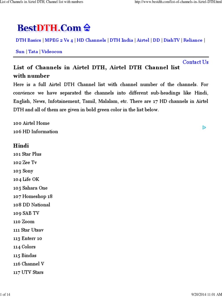 List of Channels in Airtel DTH, Channel List With Numbers | PDF ...
