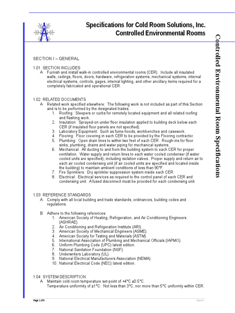 Specs Controlled Environmental Rooms New | PDF | Hvac | Refrigerator