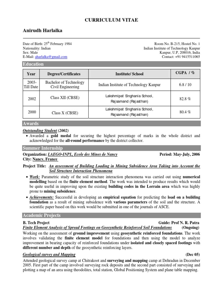 Curriculum Vitae Anirudh Harlalka: Education | PDF | Science | Technology (General)