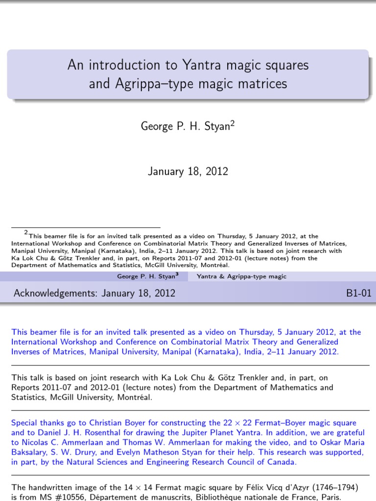 George PH Styan - An Introduction To Yantra Magic Squares & Agrippa ...