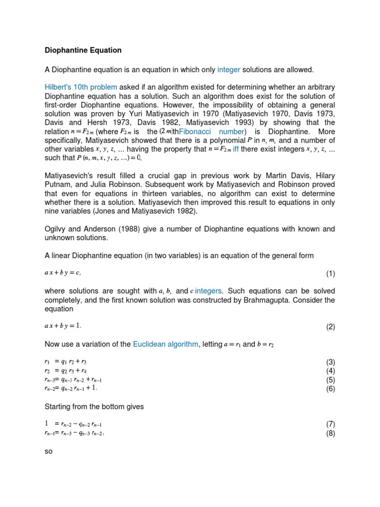 Integer Hilbert S 10th Problem Diophantine Equation Pdf Equations Elementary Mathematics