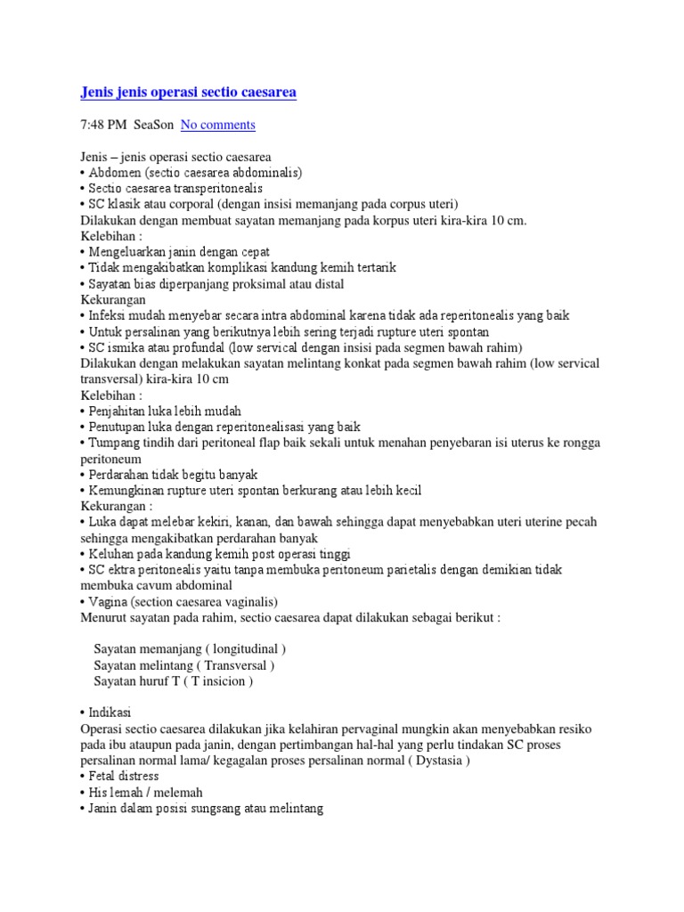 Jenis Jenis Operasi Sectio Caesarea | PDF