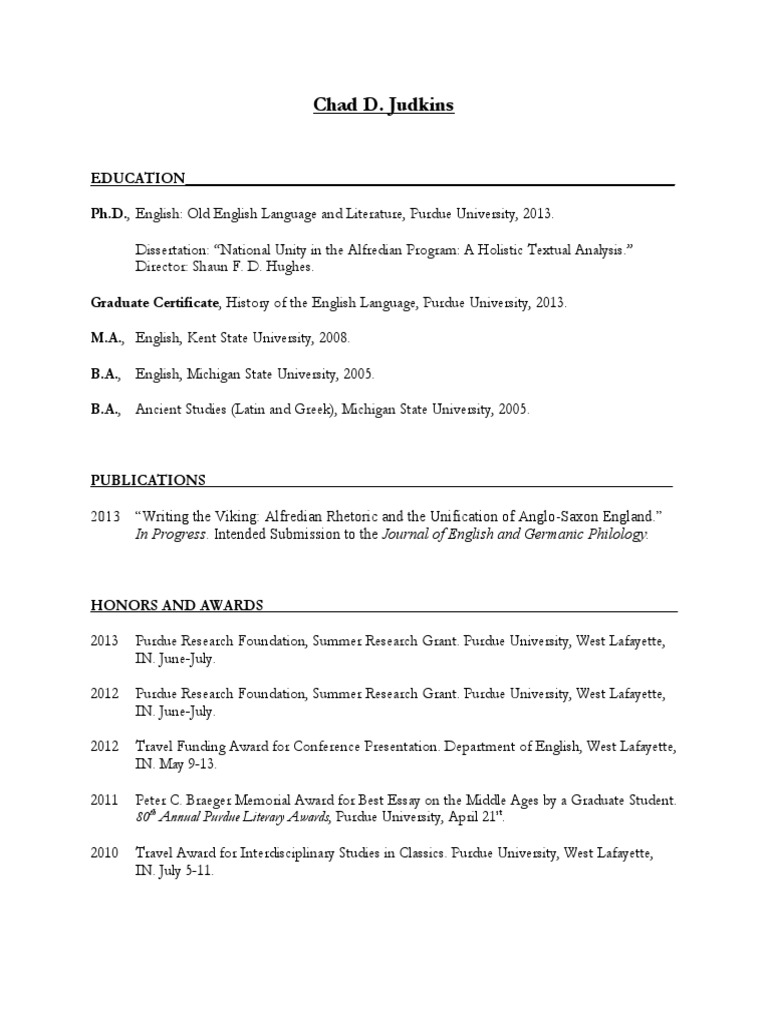 Chad Judkins, CV | Anglo Saxons | English Language