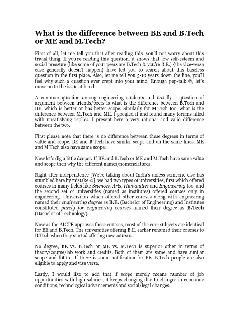 Difference Between BE and BTech | PDF | Academic Degree | Educational Stages