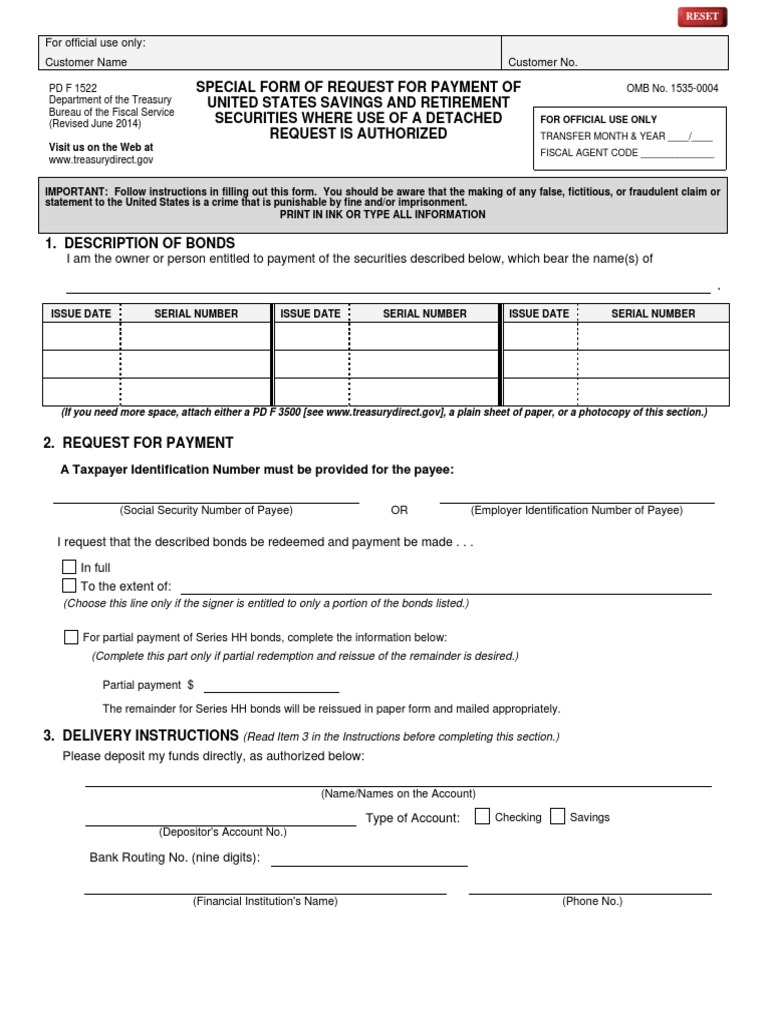 Special Form of Request For Payment of United States Savings and ...
