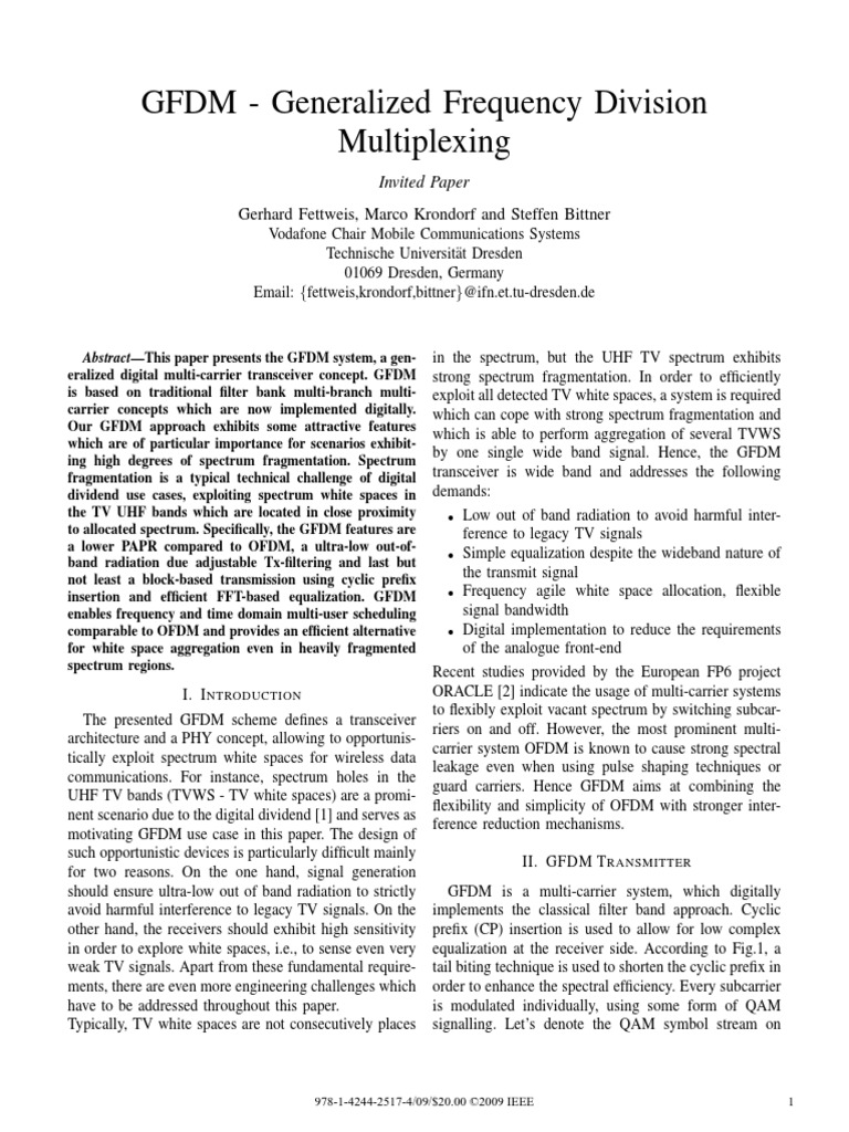 GFDM - Generalized Frequency Division Multiplexing: Gerhard Fettweis, Marco Krondorf and Steffen ...