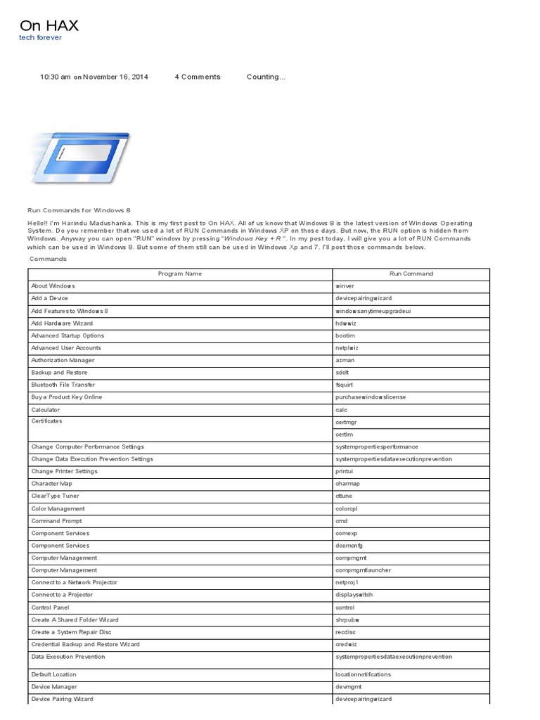 Run Commands For Windows 8 (GUIDE) - On HAX | PDF | Microsoft Windows | Windows Registry