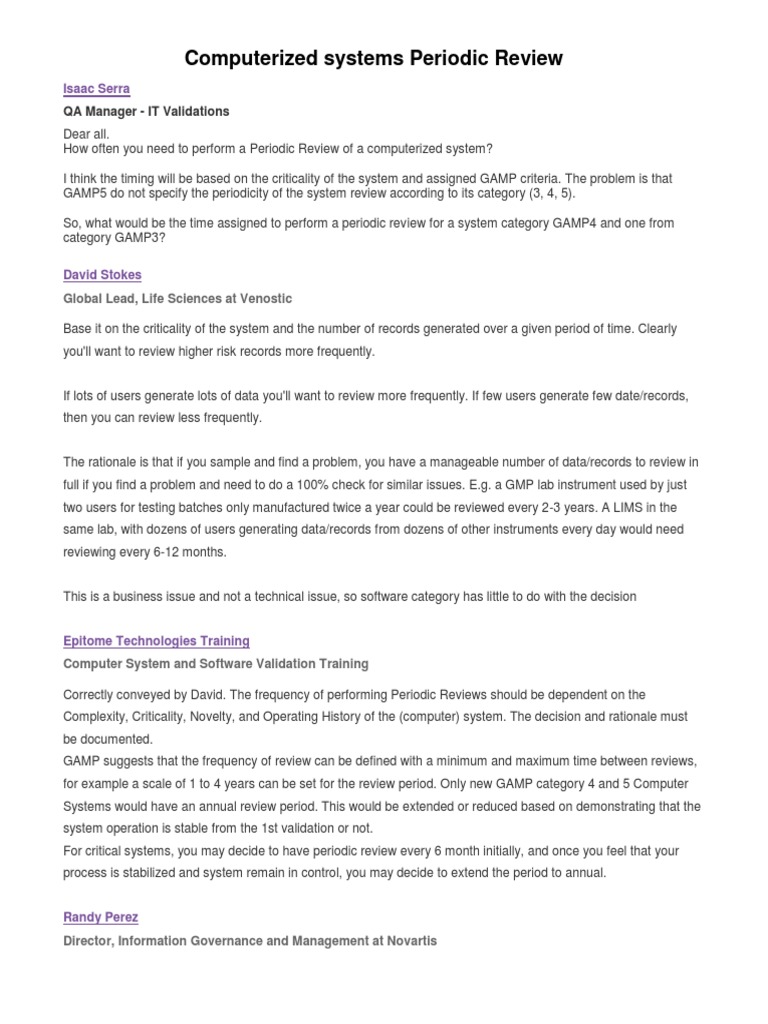Computerized Systems Periodic Review: QA Manager - IT Validations | PDF ...