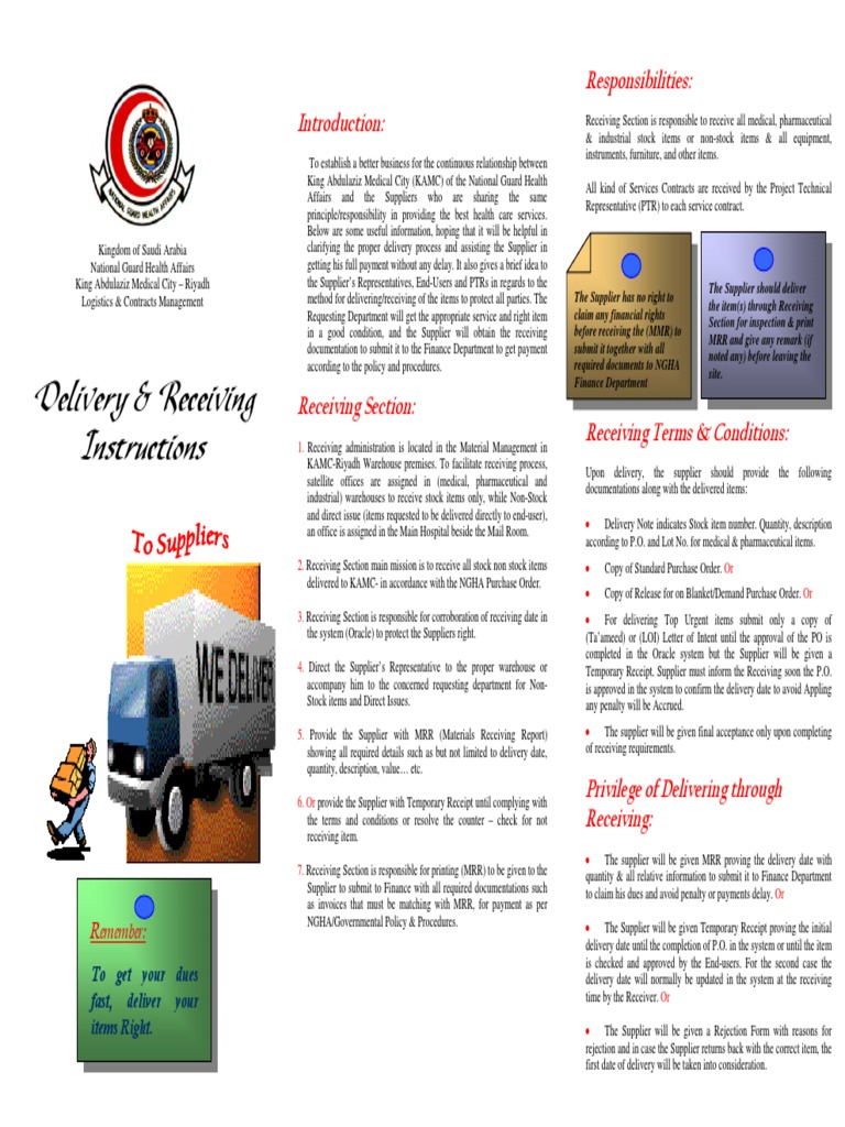 Delivery Receiving Instructions | PDF | Warehouse | Stocks