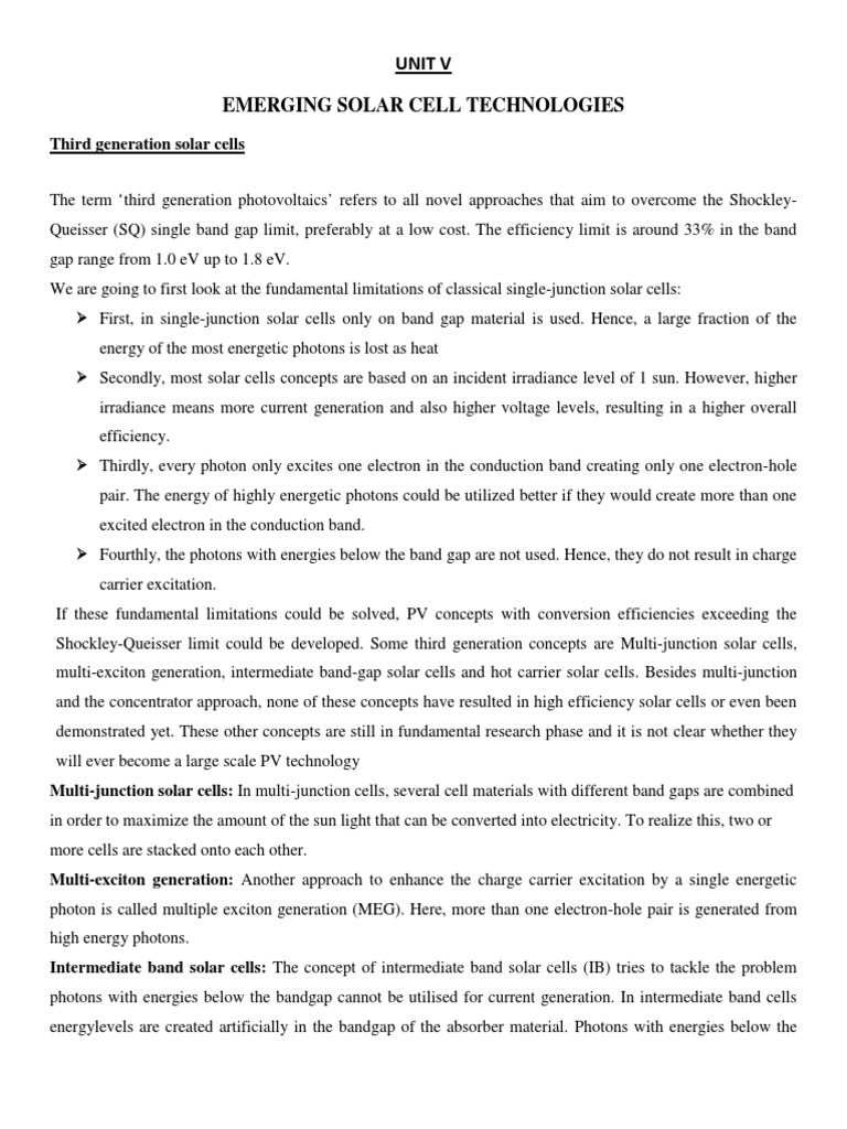 Unit V Emerging Solar Cell Technologies | PDF | Band Gap | Solar Cell