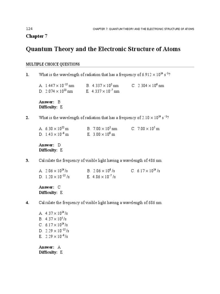 Quantum Theory and The Electronic Structure of Atoms: Multiple Choice ...