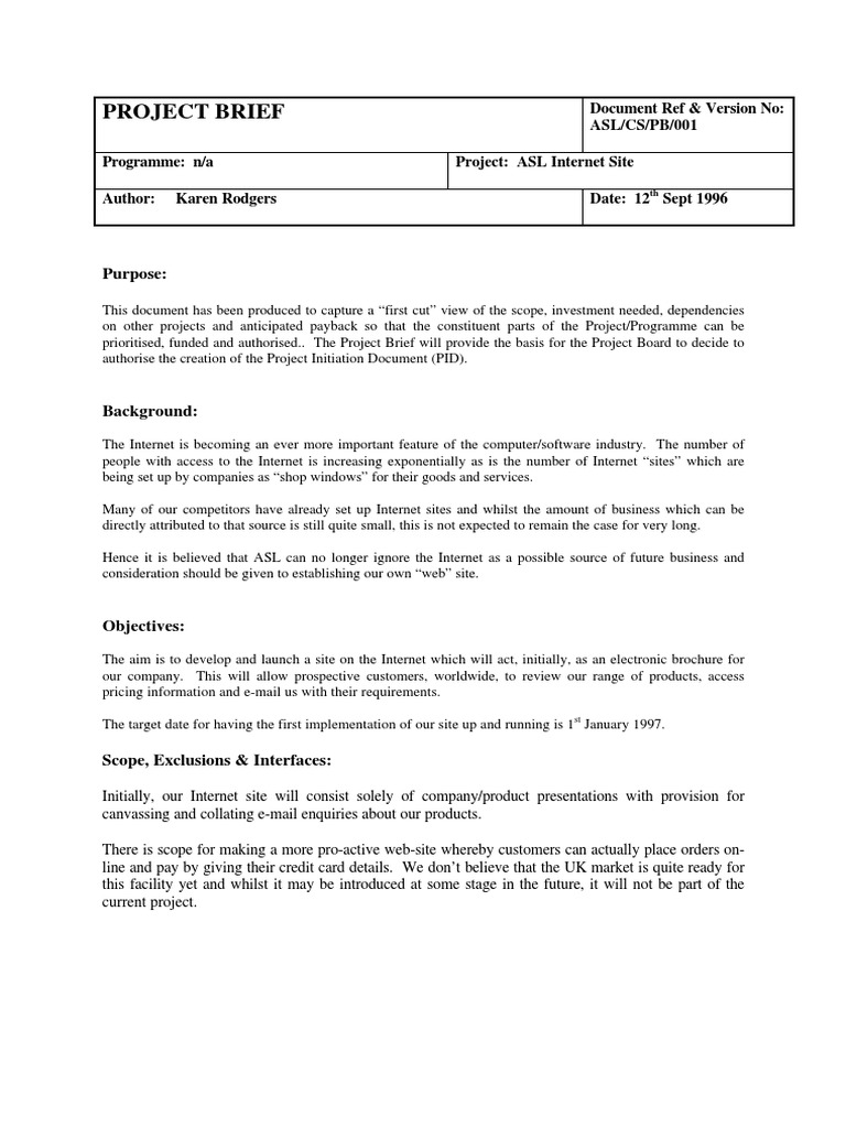 Sample Project Brief | Internet | Computing