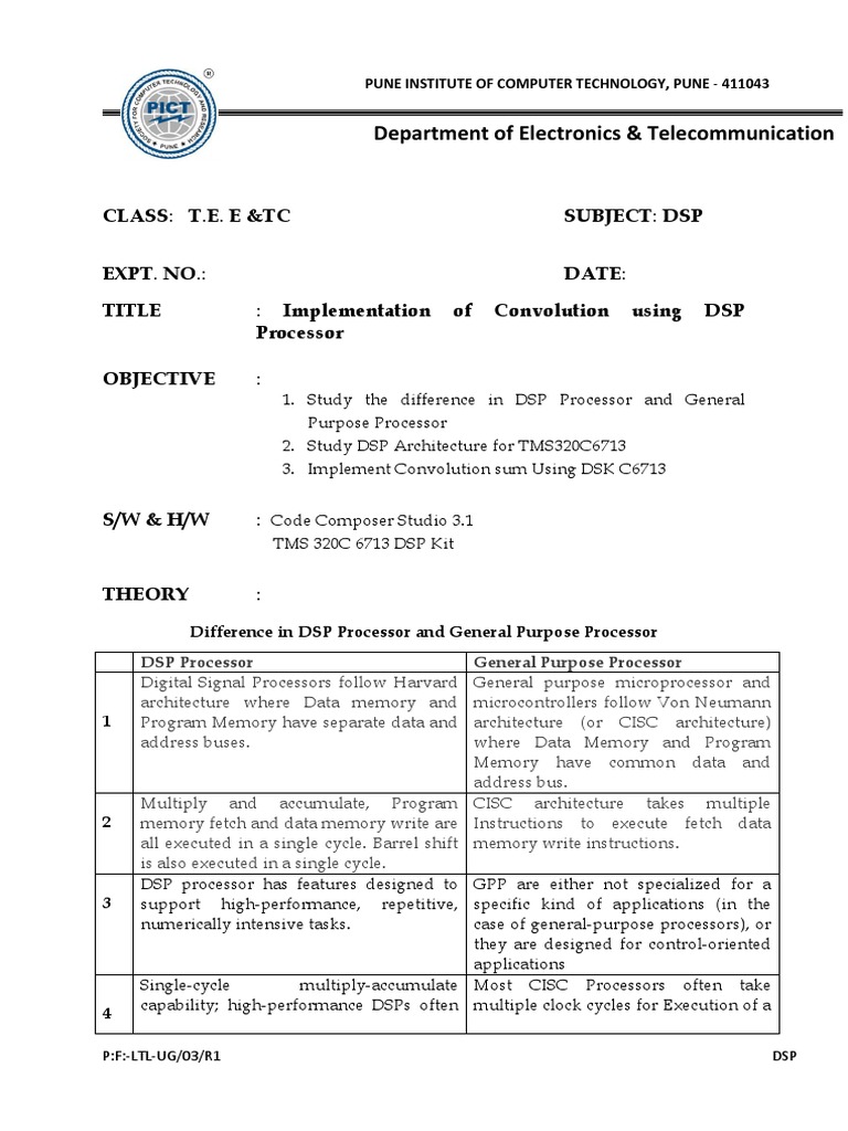 Class: T.E. E &TC Subject: DSP Expt. No.: Date: Title: Implementation of Convolution Using DSP ...