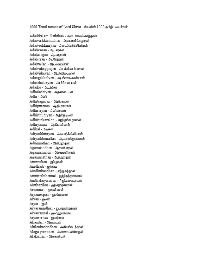 1000 Tamil Names of Lord Shiva | PDF