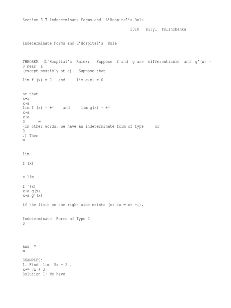 Indeterminate Forms and L.Hospitals Rule | PDF | Trigonometric ...