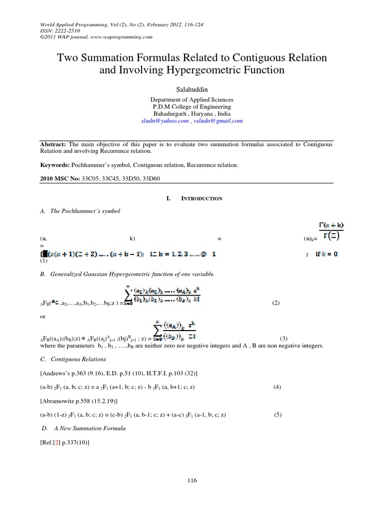 Two Summation Formulas Related To Contiguous Relation and Involving Hypergeometric Function ...
