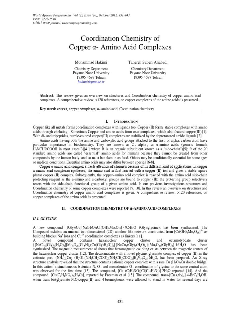 Coordination Chemistry of Copper A - Amino Acid Complexes | PDF ...