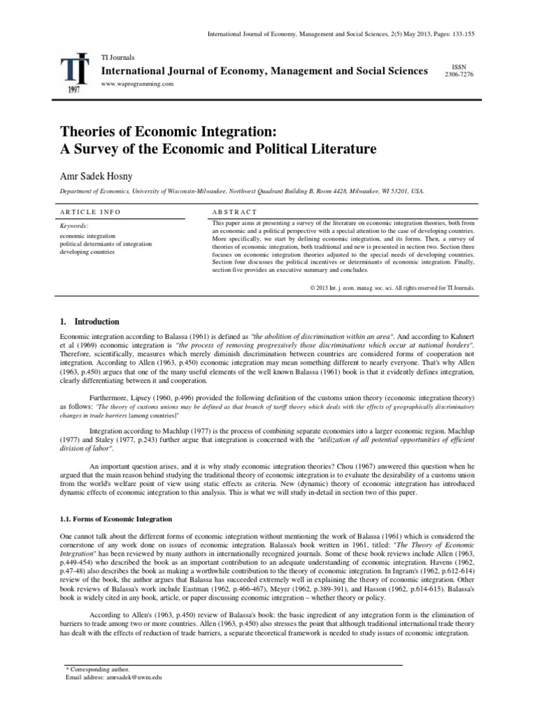 Theories of Economic Integrtaion: A Survey of The Economic and ...