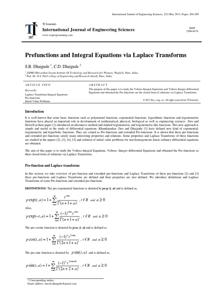 Prefunctions and Integral Equations Via Laplace Transforms | PDF | Laplace Transform ...