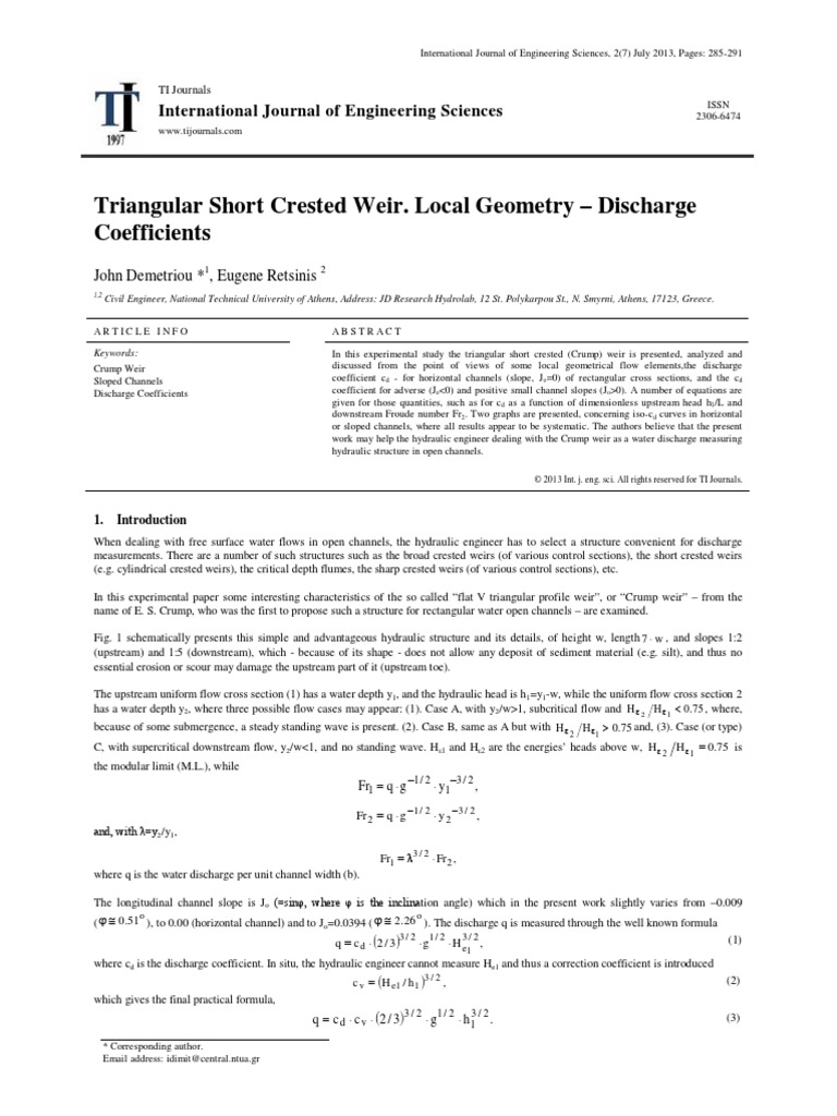 Triangular Short Crested Weir. Local Geometry ? Discharge Coefficients ...