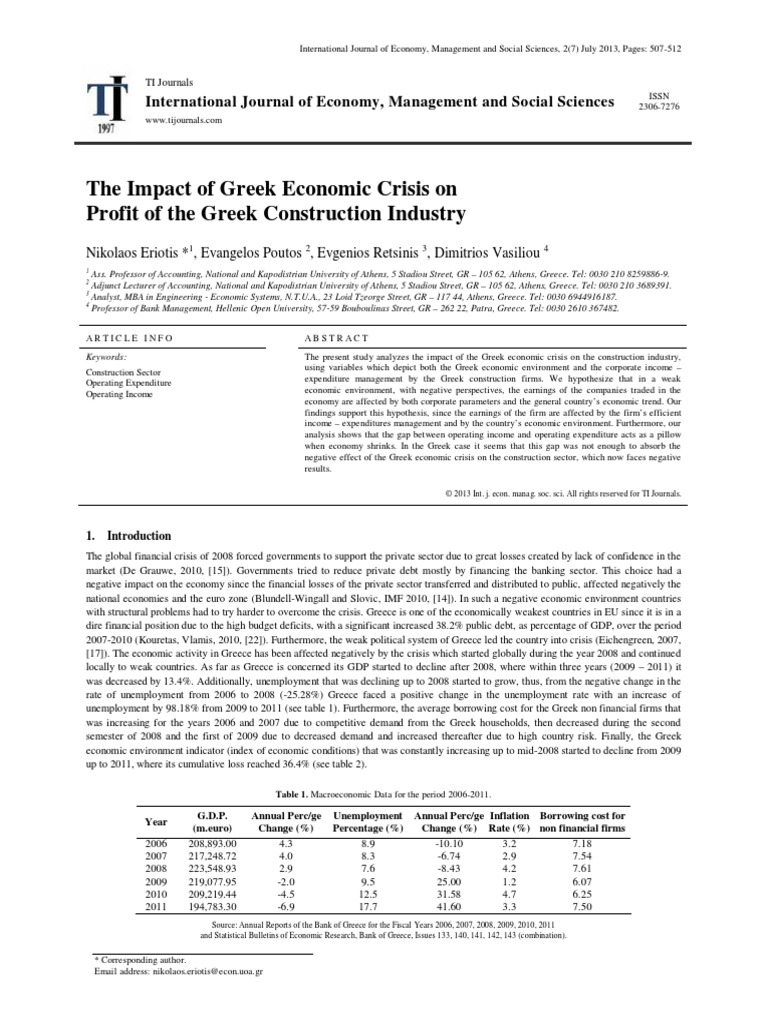 The Impact of Greek Economic Crisis On Profit of The Greek Construction ...