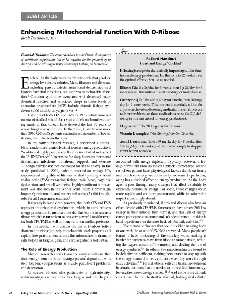 Enhancing Mitochondrial Function With D Ribose | PDF | Chronic Fatigue Syndrome | Coronary ...