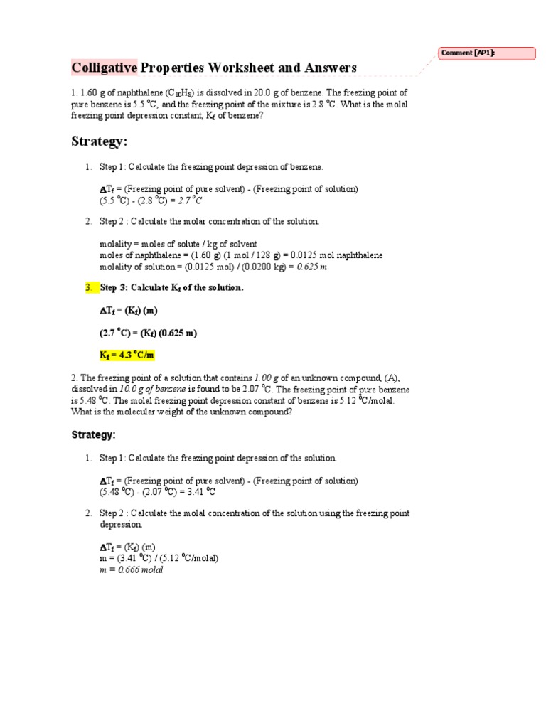 Colligative Properties Worksheet | PDF | Solution | Mole (Unit)