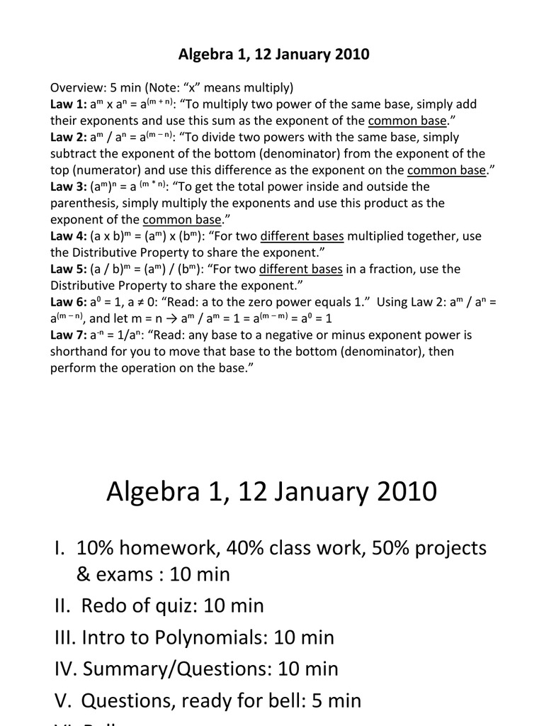 Algebra 1 Exponent Laws and Polynomials | PDF | Teaching Methods ...