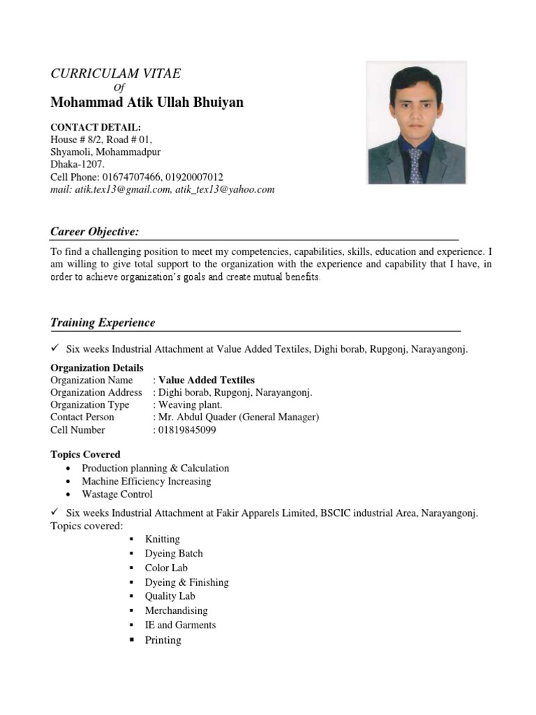 CV of Md. Atik Ullah Bhuiyan Photo As | Download Free PDF | Bangladesh | Dyeing