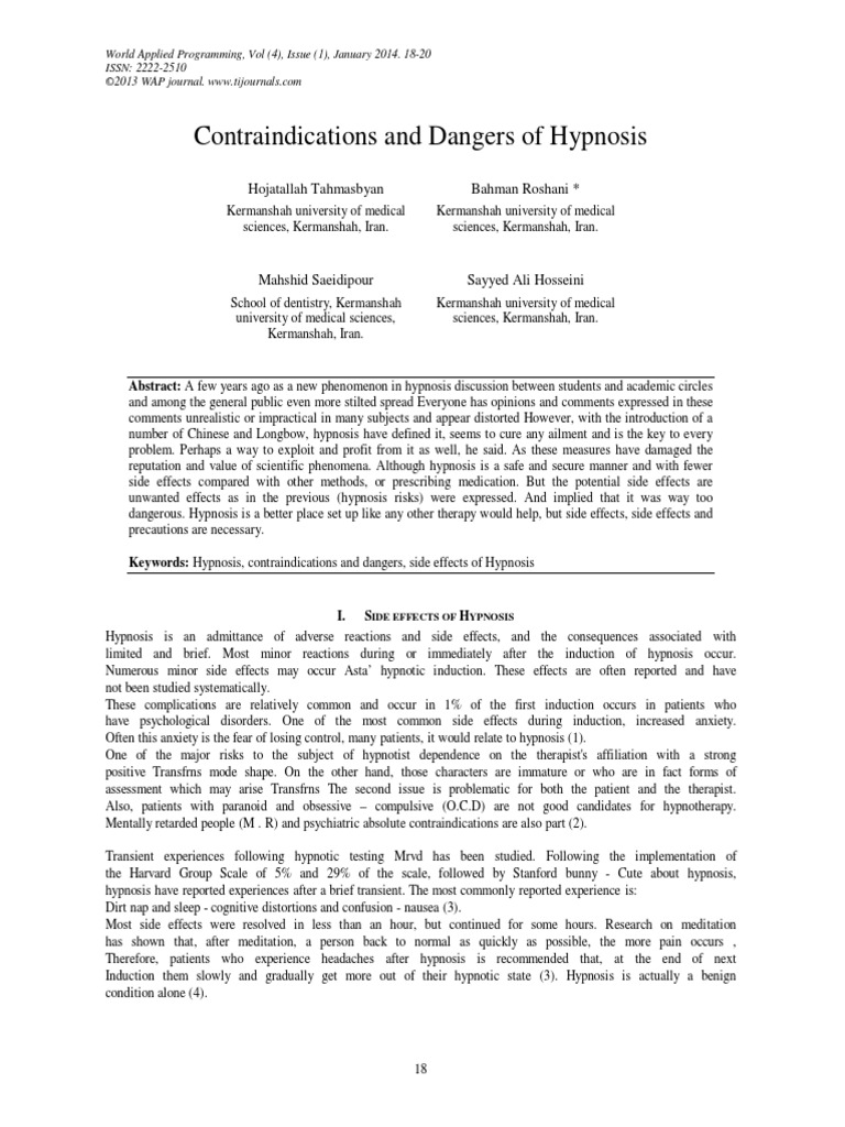 Contraindications and Dangers of Hypnosis | PDF | Hypnosis | Adverse Effect