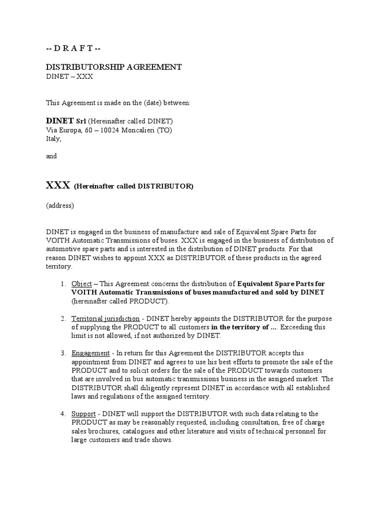 01 Distribution Agreement Draft | PDF | Business | Government Information