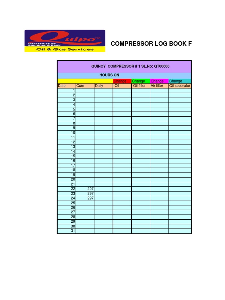 Compressor Log Book For The Month of Sept 08: Quincy Compressor # 1 SL ...