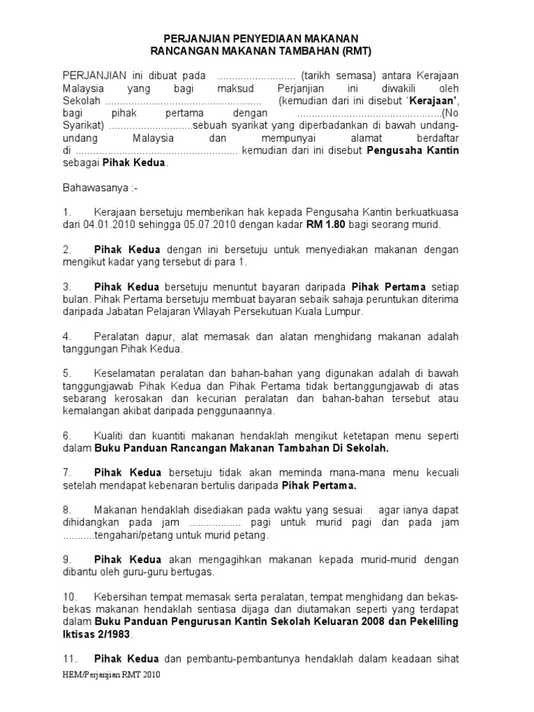Perjanjian Penyediaan Makanan Rancangan Makanan Tambahan | PDF