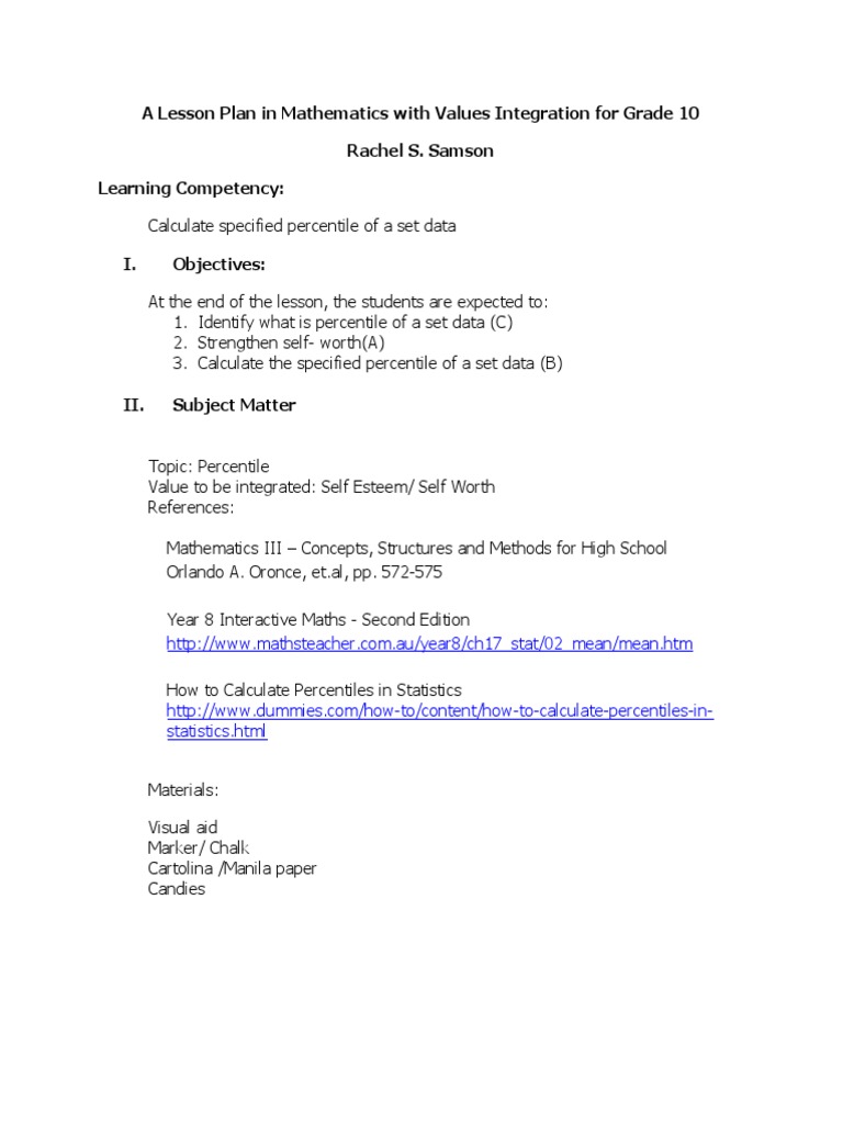 Lesson Plan in Values Integration Lesson Plan in Values Integration
