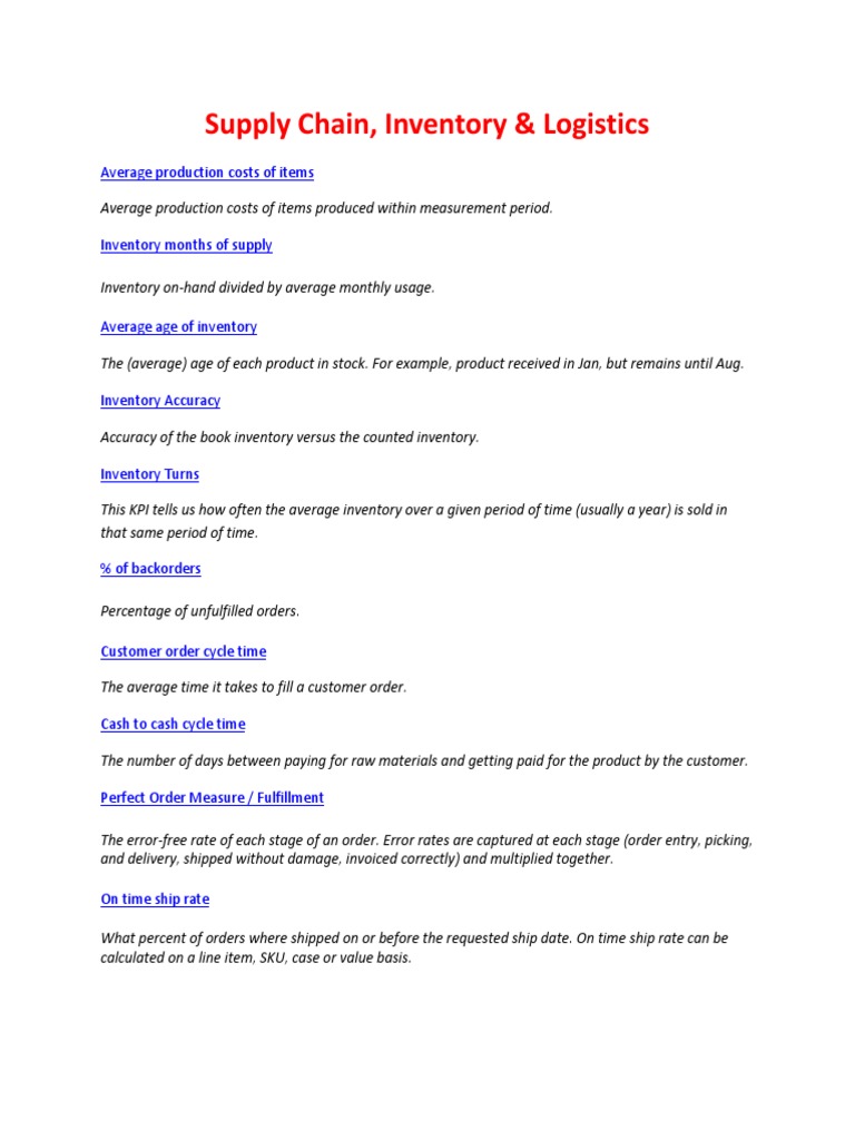 Kpi For SCM | PDF | Inventory | Cargo