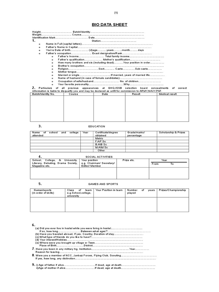 ISSB Bio Data Form Instructions | PDF | Games & Activities