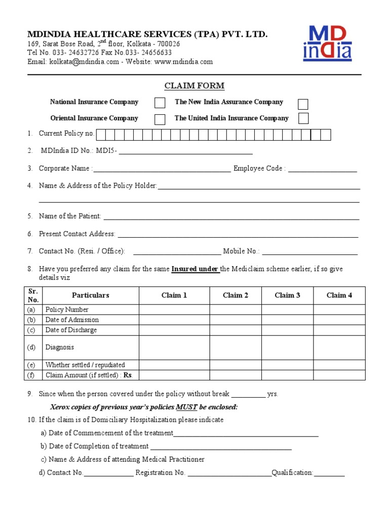 Kolkata Claim Form - MD-India | PDF | Hypertension | Hospital