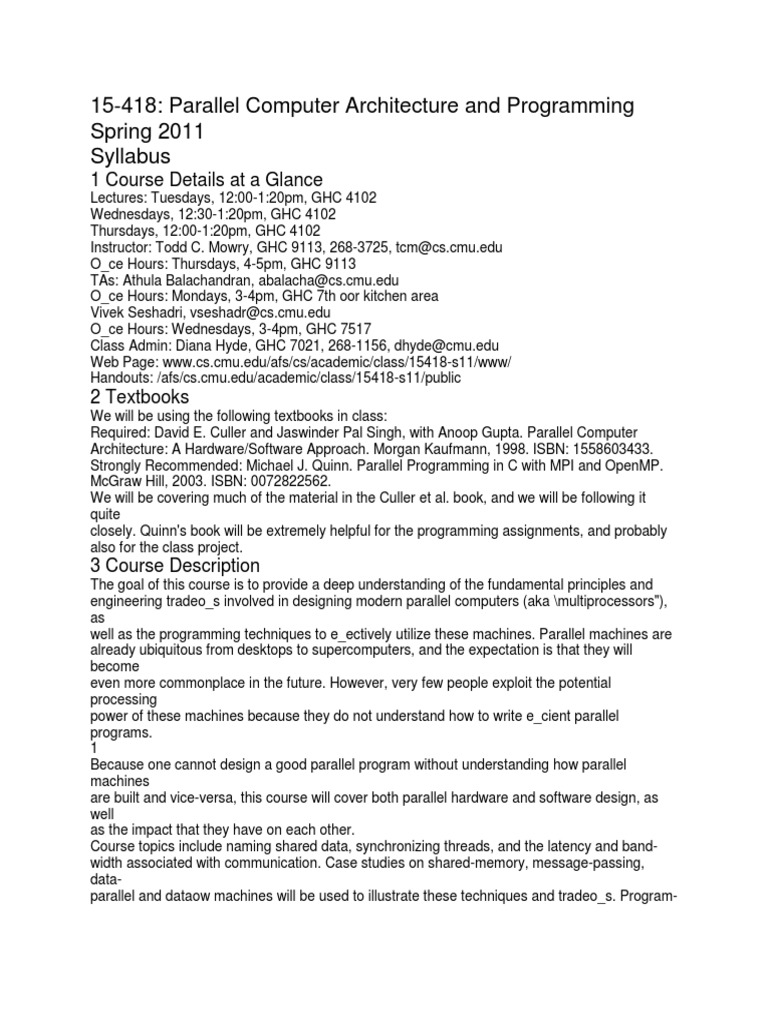 15-418: Parallel Computer Architecture and Programming Spring 2011 Syllabus | PDF | Parallel ...