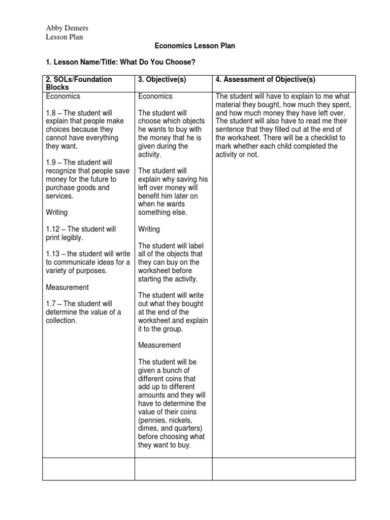 Economics Lesson Plan | PDF | Lesson Plan | Economics