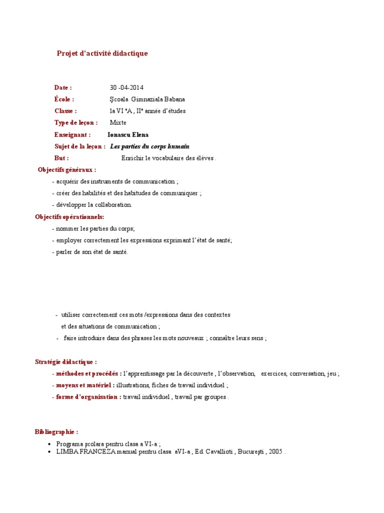 Les Parties Du Corps Humain - Plan de Lecon | PDF | la communication ...