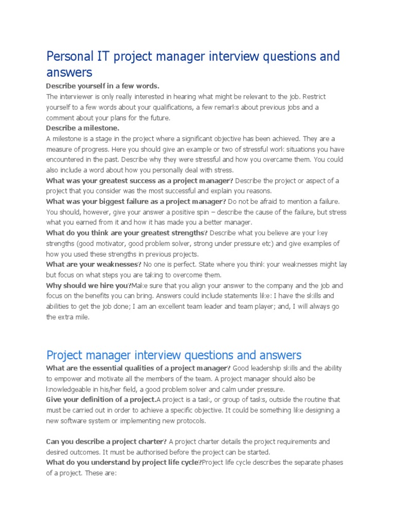 Personal IT Project Manager Interview Questions and Answers | PDF ...
