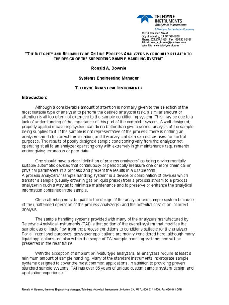 Sample Handling System For Analyzer Pdf Filtration Leak