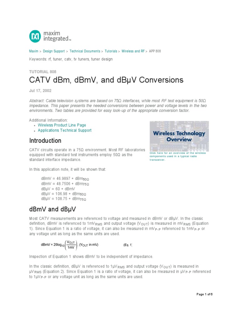 CATV DBM, DBMV, and DB V Conversions - Tutorial - Maxim | PDF | Decibel | Electrical Impedance