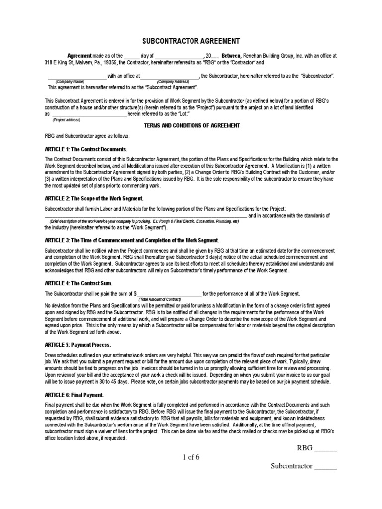 Subcontractor Agreement Template | PDF | Indemnity | General Contractor