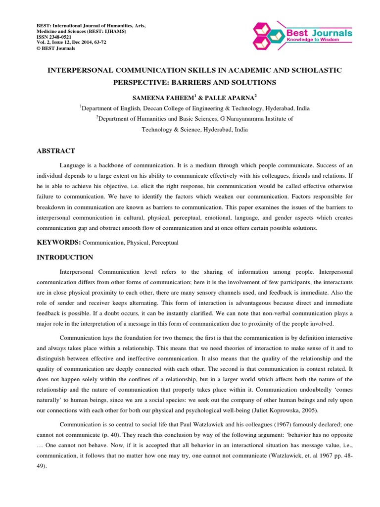 Humanities-Interpersonal Communication Skills in Academic and Scholastic Perspective Barriers ...